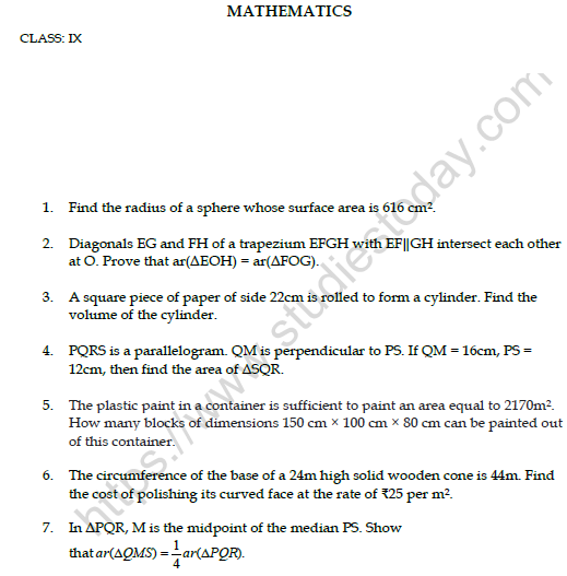 CBSE Class 9 Mathematics Worksheet Set B Solved